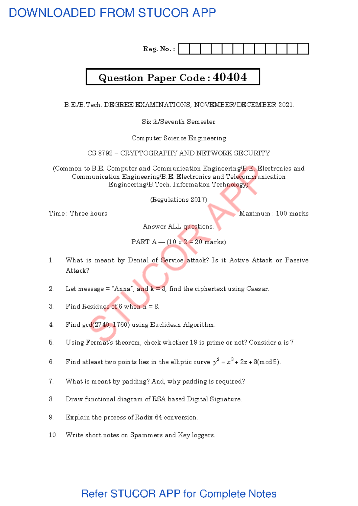 CS8792 Cryptography and Network Security Question Paper - November 2021 ...