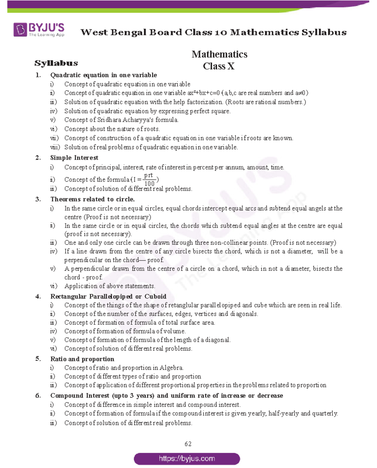 West Bengal Board Class 10 Mathematics Syllabus Overview - Studocu
