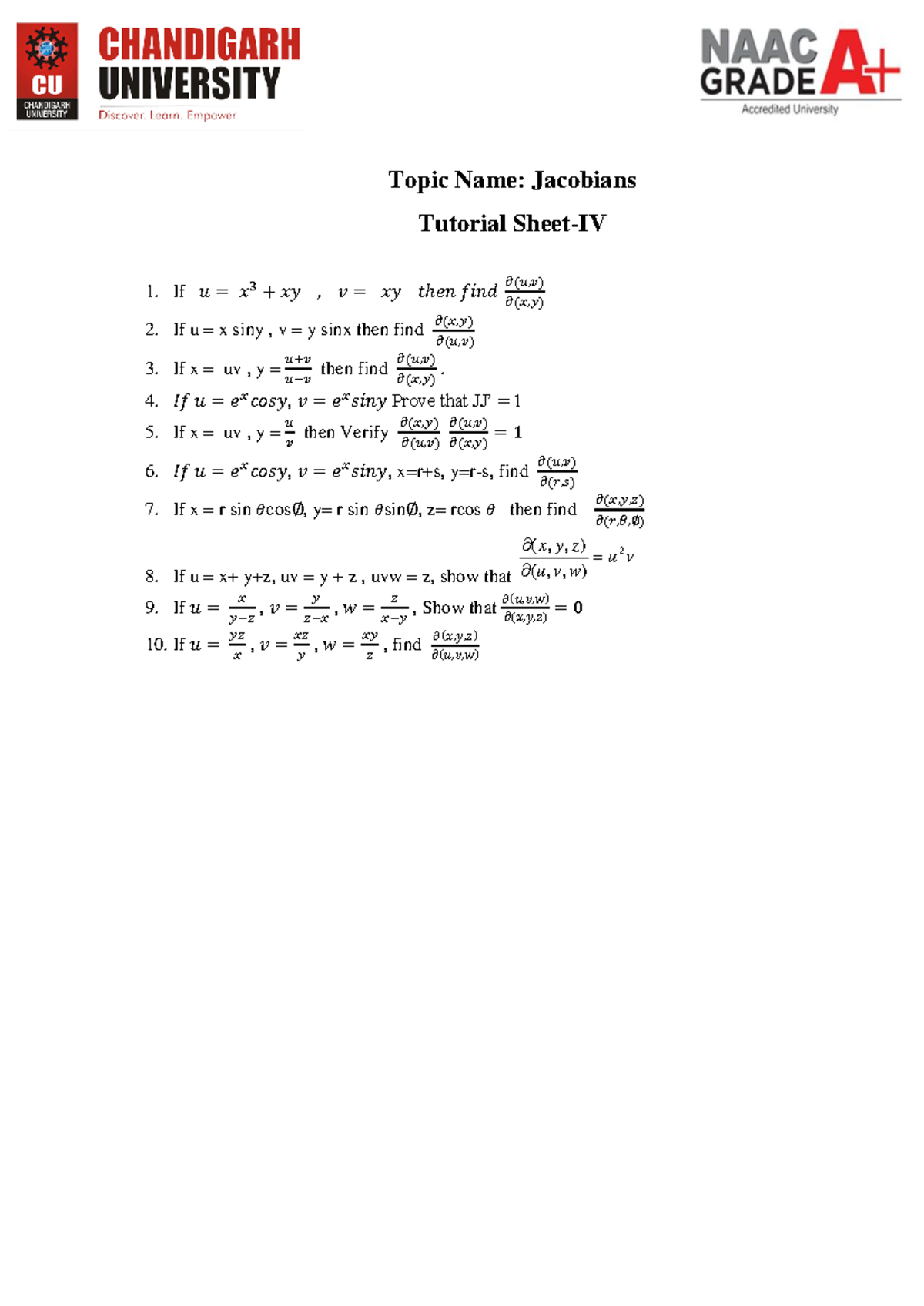 Tutorial Sheet 4: Jacobians - Unit 1 Exercises - Studocu