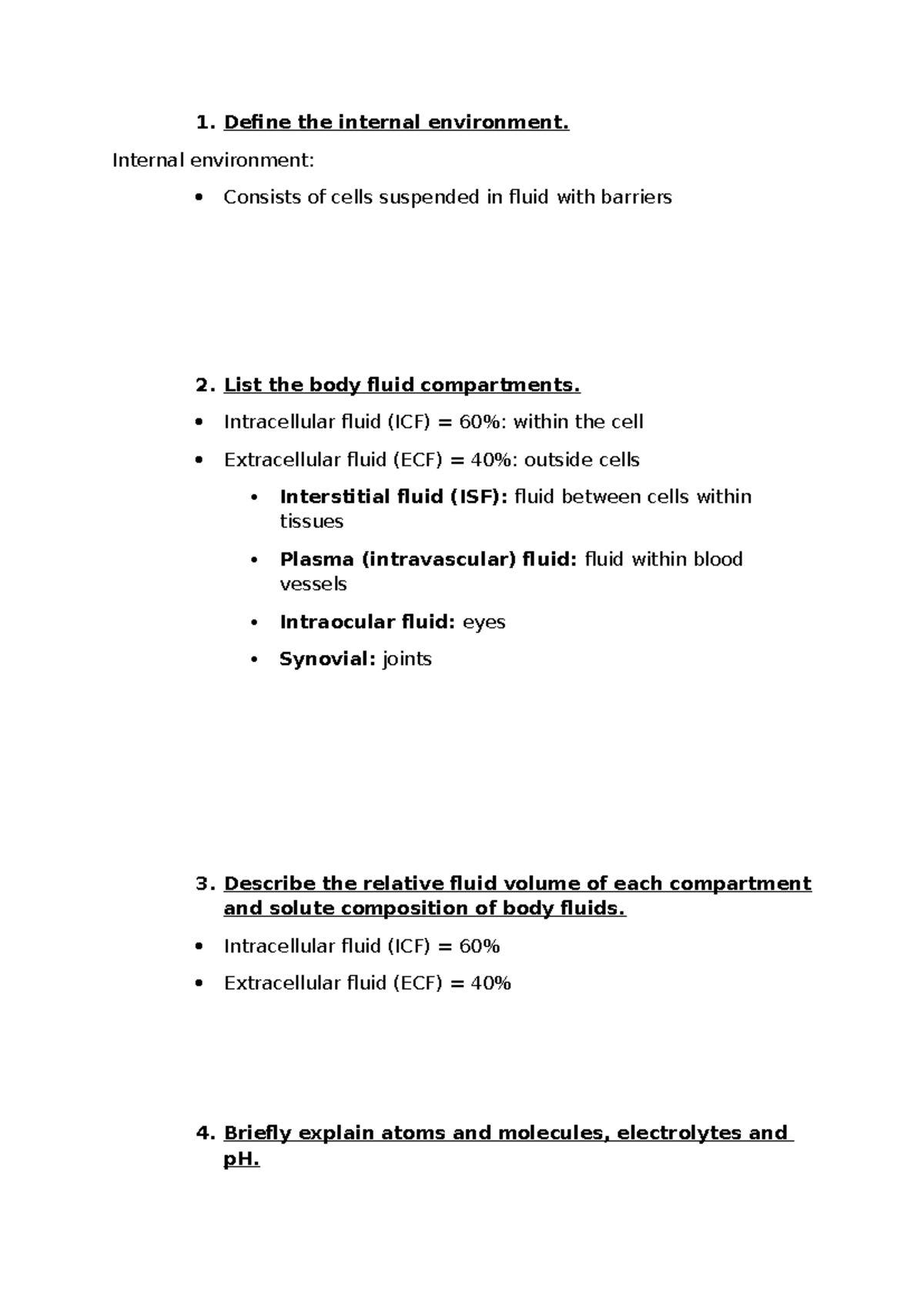 BIO 101: Internal Environment & Body Fluid Compartment Overview - Studocu