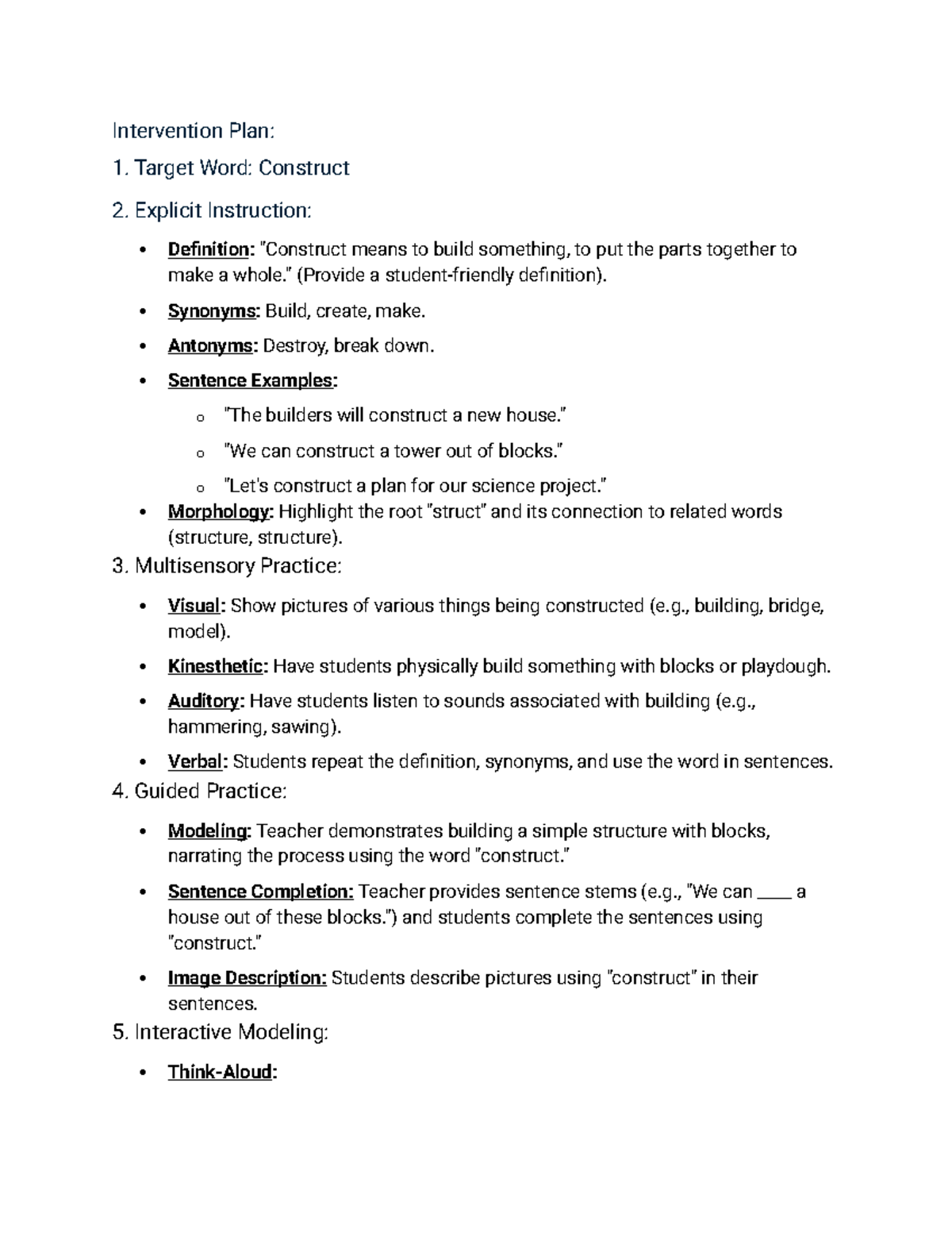 Elementary Literacy Methods Intervention Plan: Construct Strategies ...