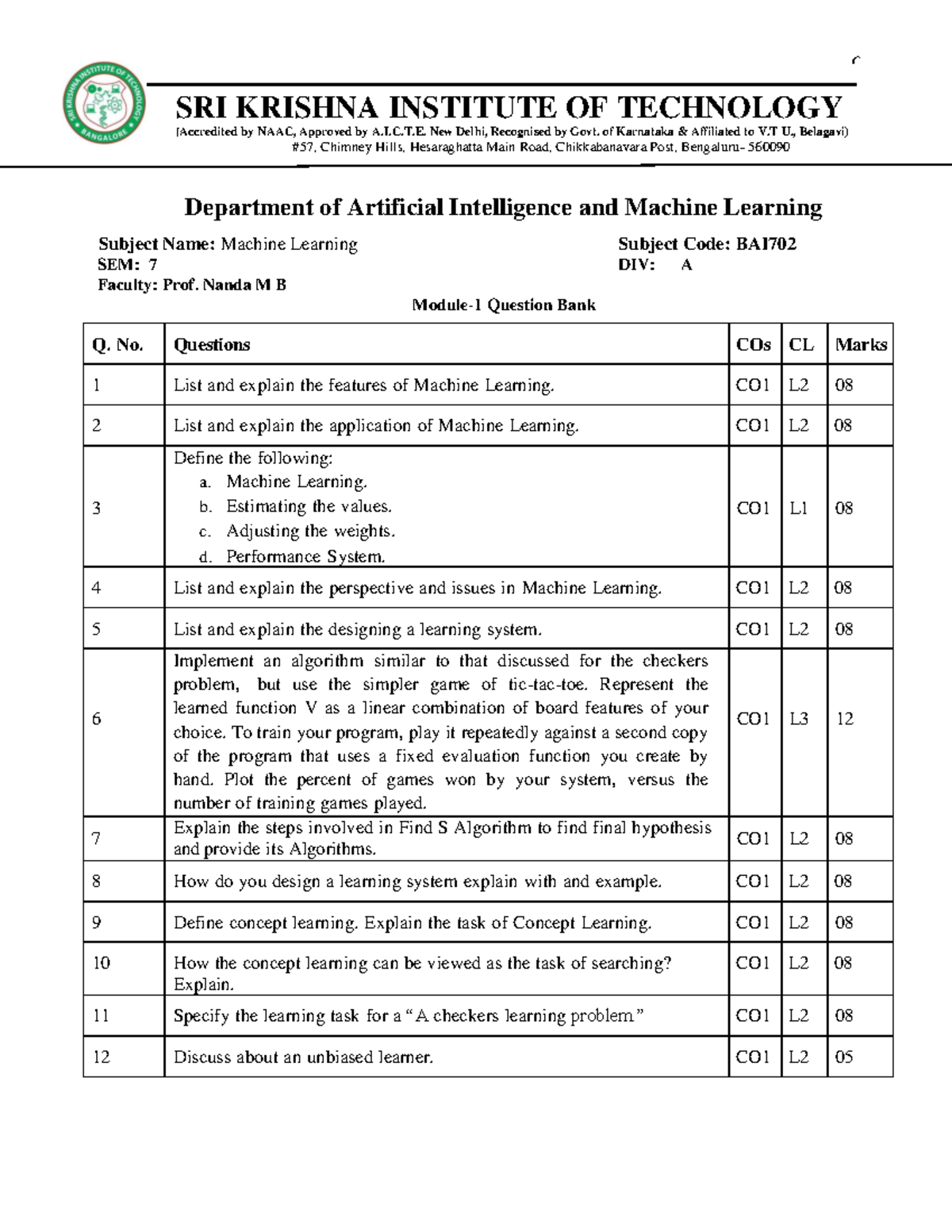 BAI702 Machine Learning Question Bank - Sem 7 Notes - Studocu