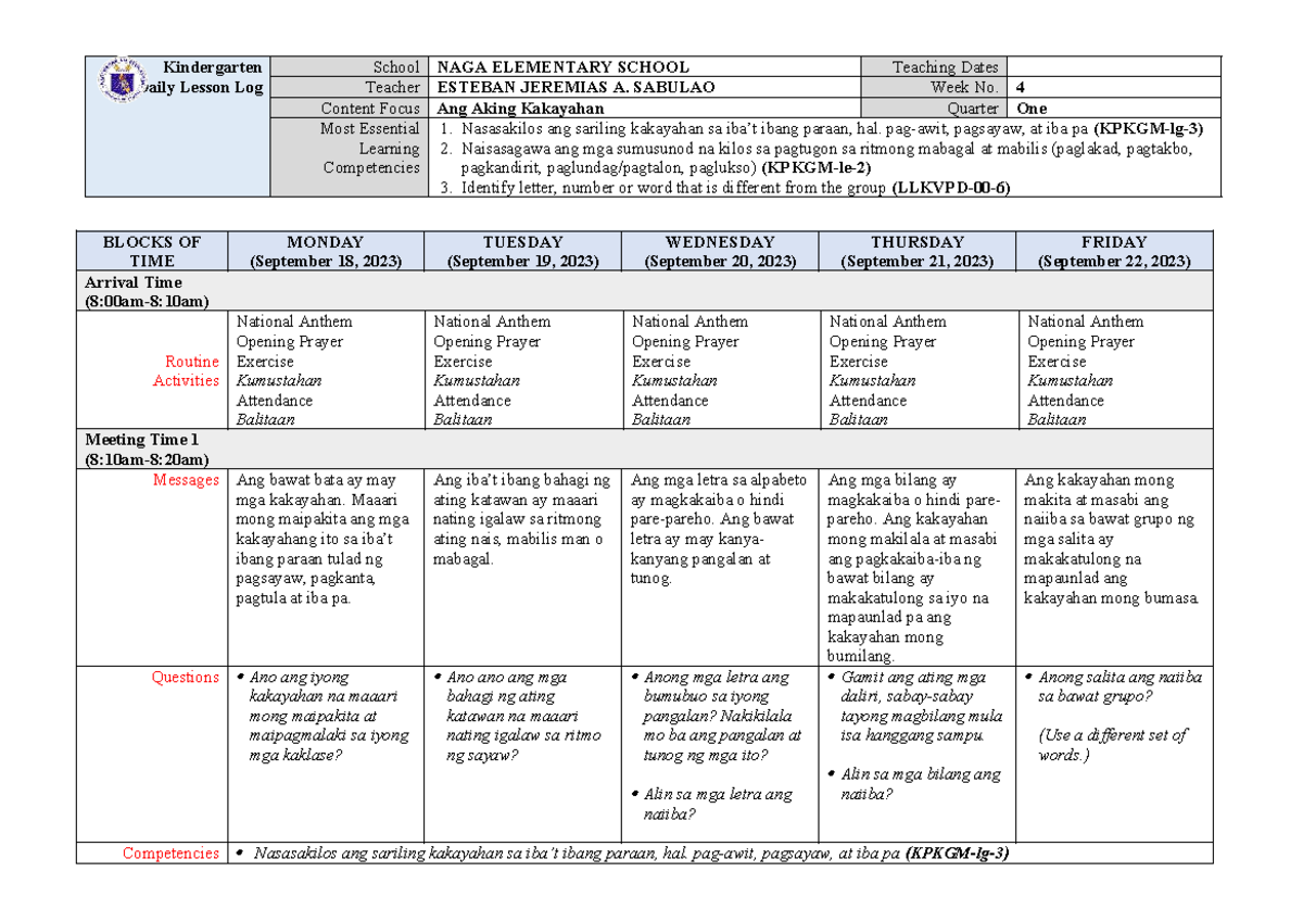Kindergarten Daily Lesson Log (DLL) MELC Q1 Week 4 - Studocu