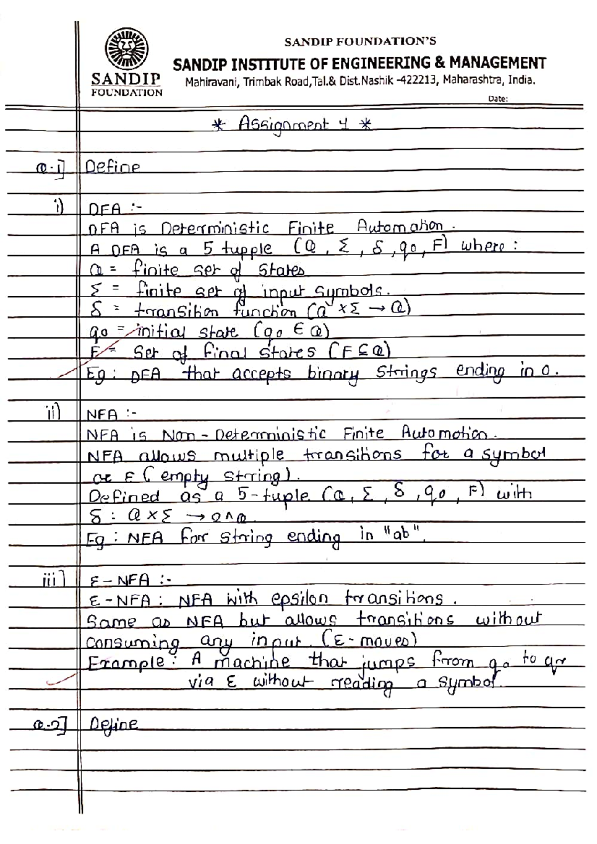 DFA and NFA Concepts - Assignment 4 - SANDIP Institute - Studocu