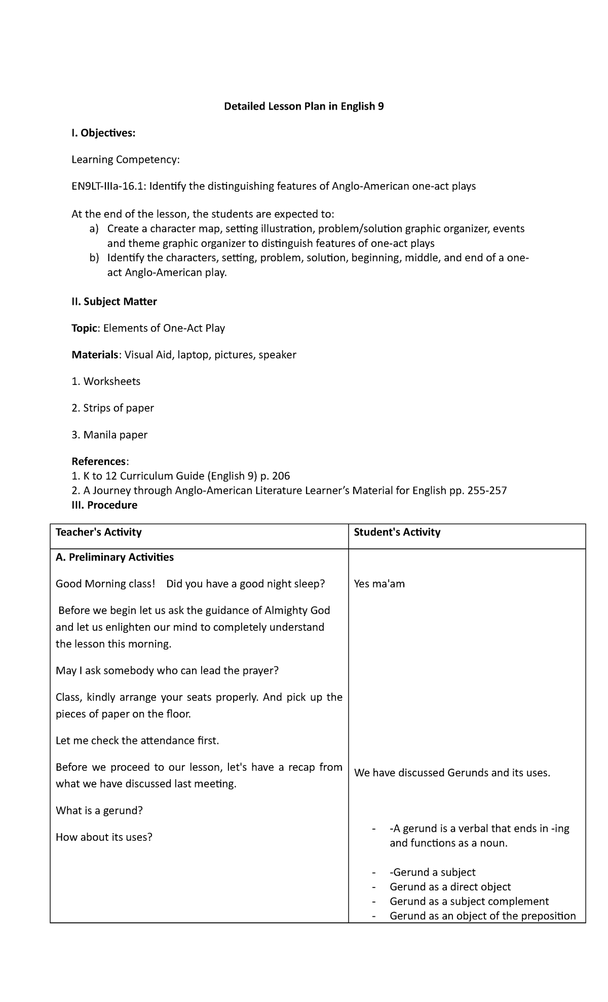 Elements of One Act Play - Detailed Lesson Plan in English 9 I ...