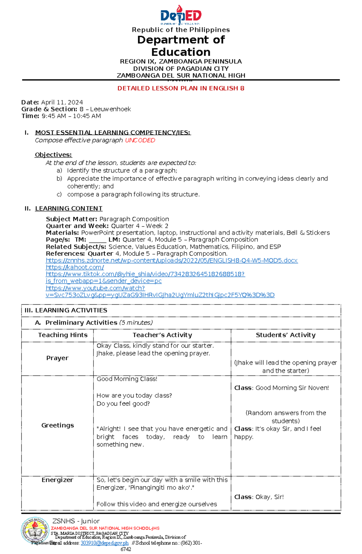 Detailed Lesson Plan in English 8: Paragraph Composition DLP - Studocu