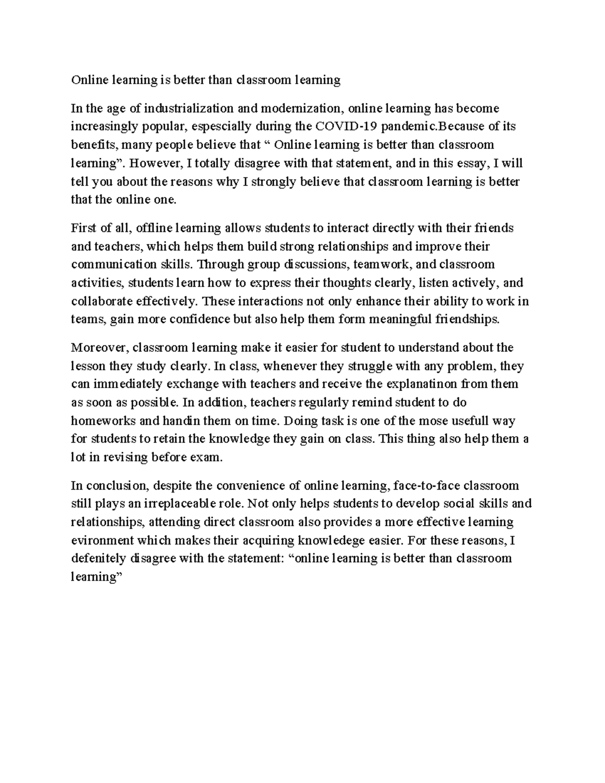Essay Notes: Classroom Learning vs. Online Learning (Tập viết) - Studocu