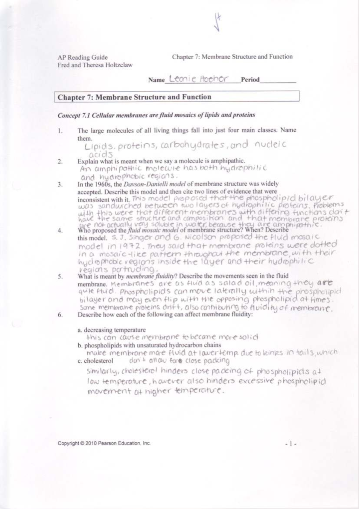 AP Reading Guide: Chapter 7 - Membrane Structure & Function - Studocu