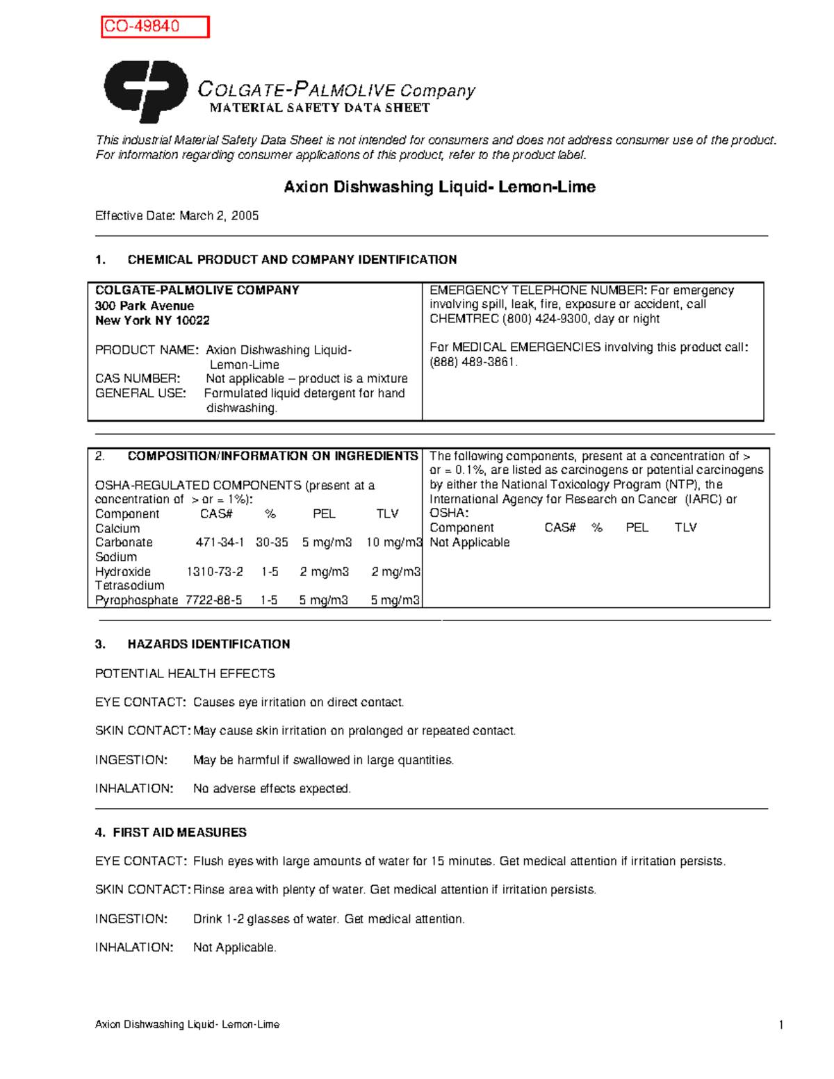 Axion Dishwashing MSDS - C OLGATE ALMOLIVE - Studocu