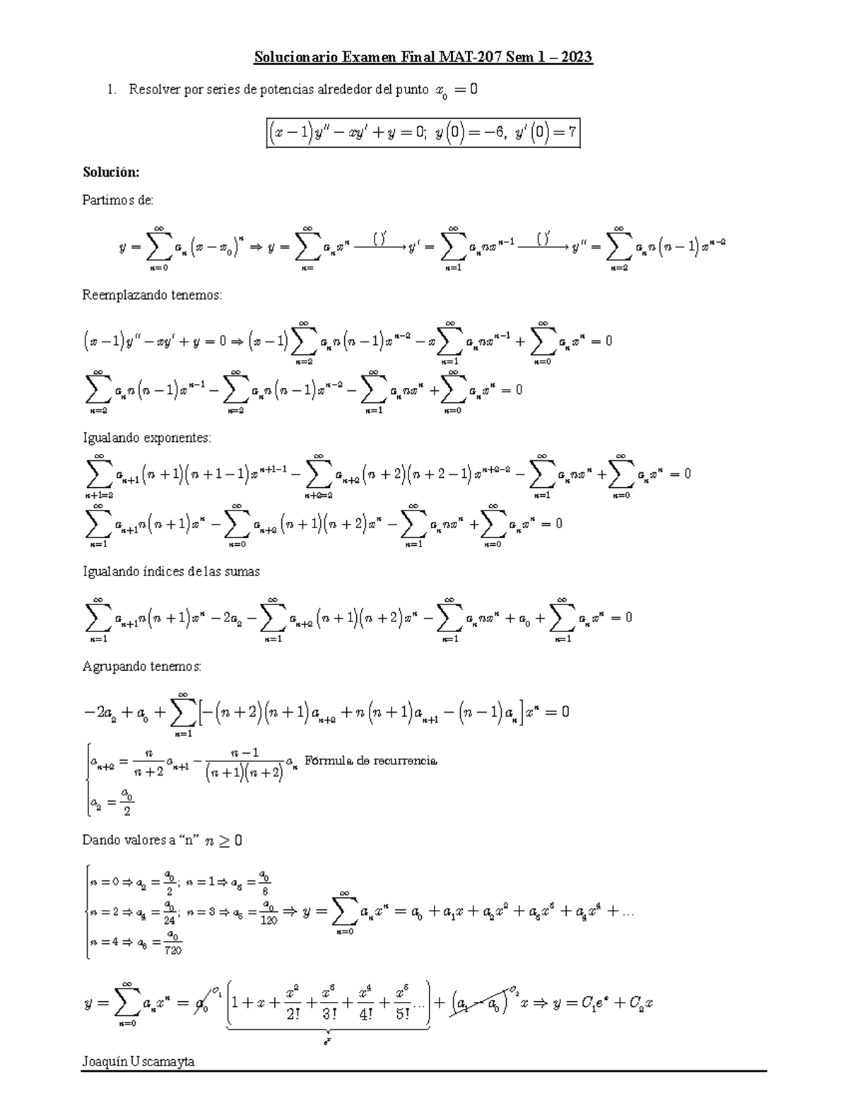 Solucionario Examen Final MAT 207 Sem 1 2023: Ecuaciones Diferenciales - Studocu