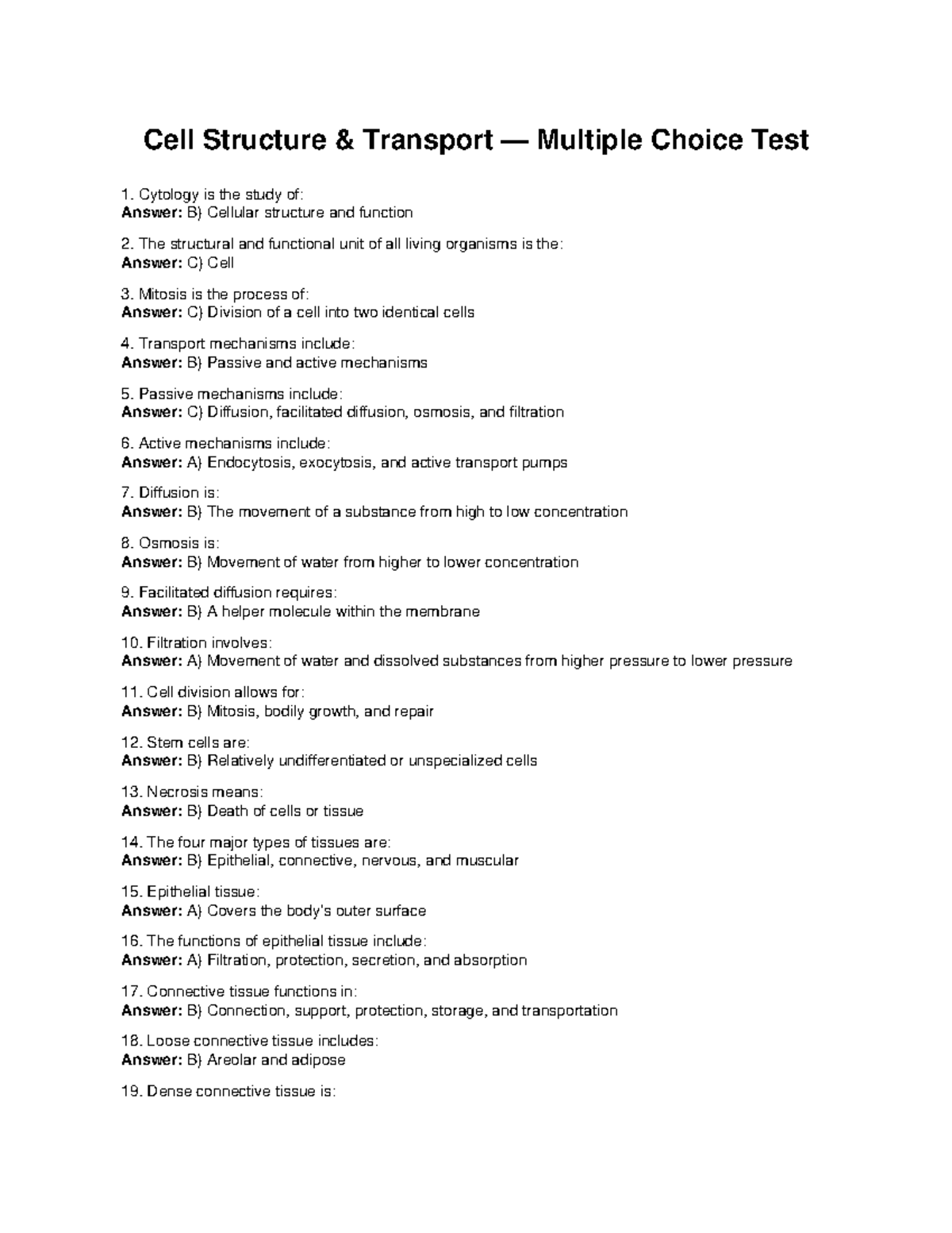 Biology 101: Cell Structure & Transport MCQ Test - Studocu