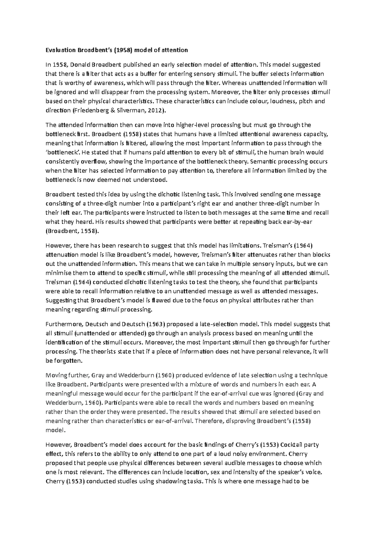 Evaluation of Broadbent’s Attention Model (1958): Strengths ...