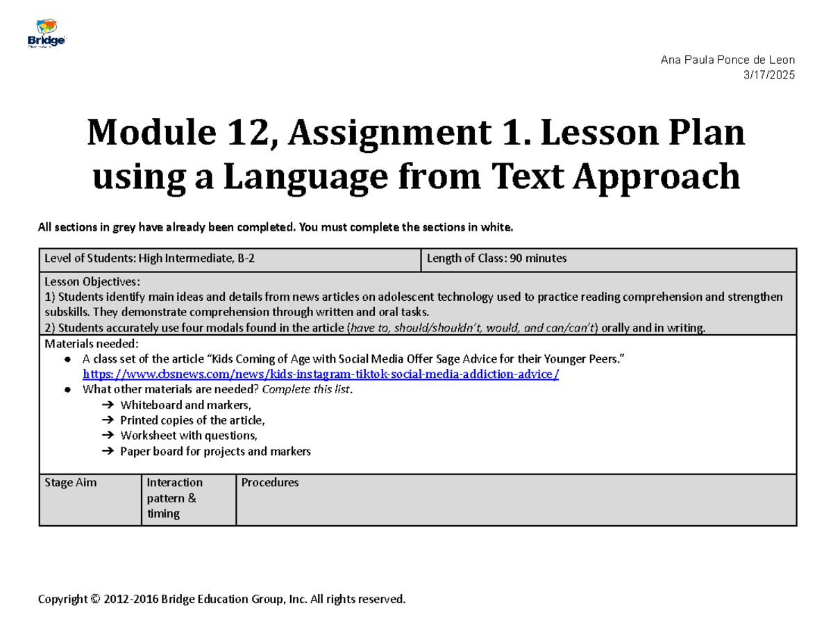 Module 12 - Assignment 1: Lesson Plan on Language from Text Approach ...