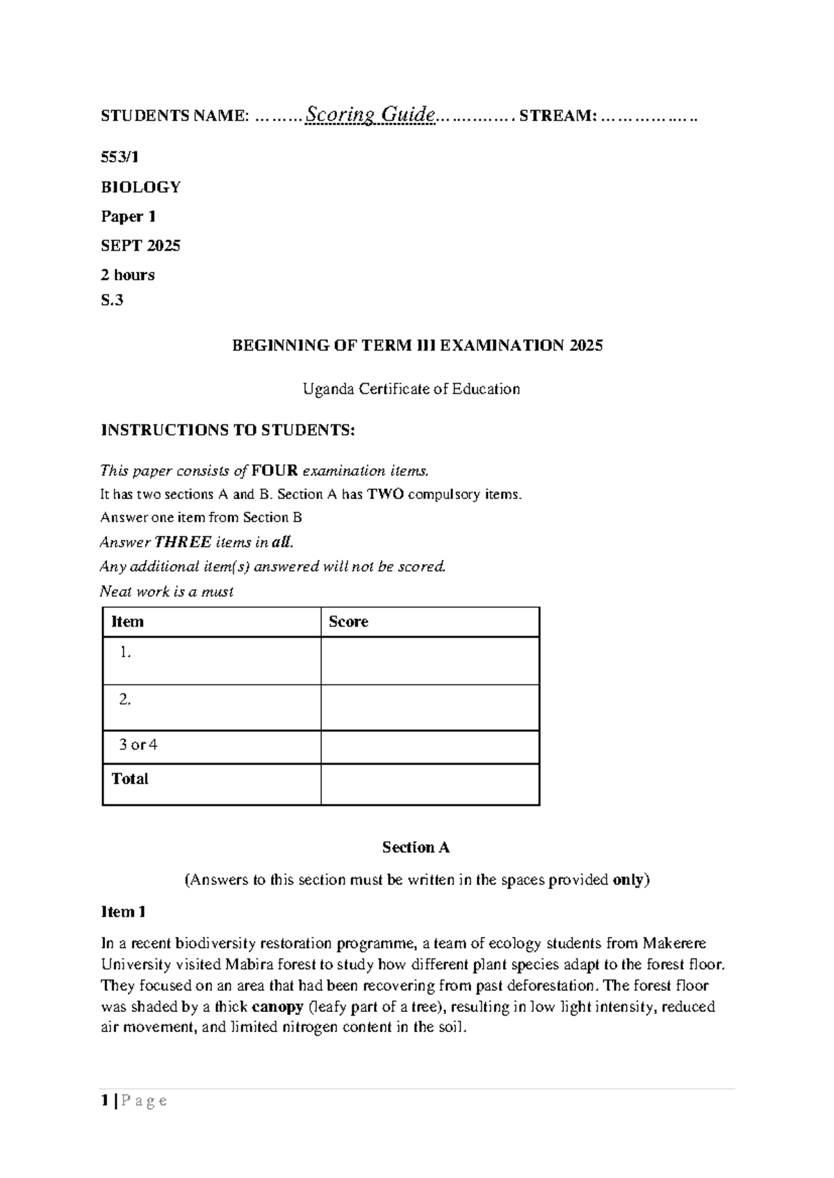 S3 BOT III 2025 Final Exam Notes: Biology Paper 1 Overview - Studocu