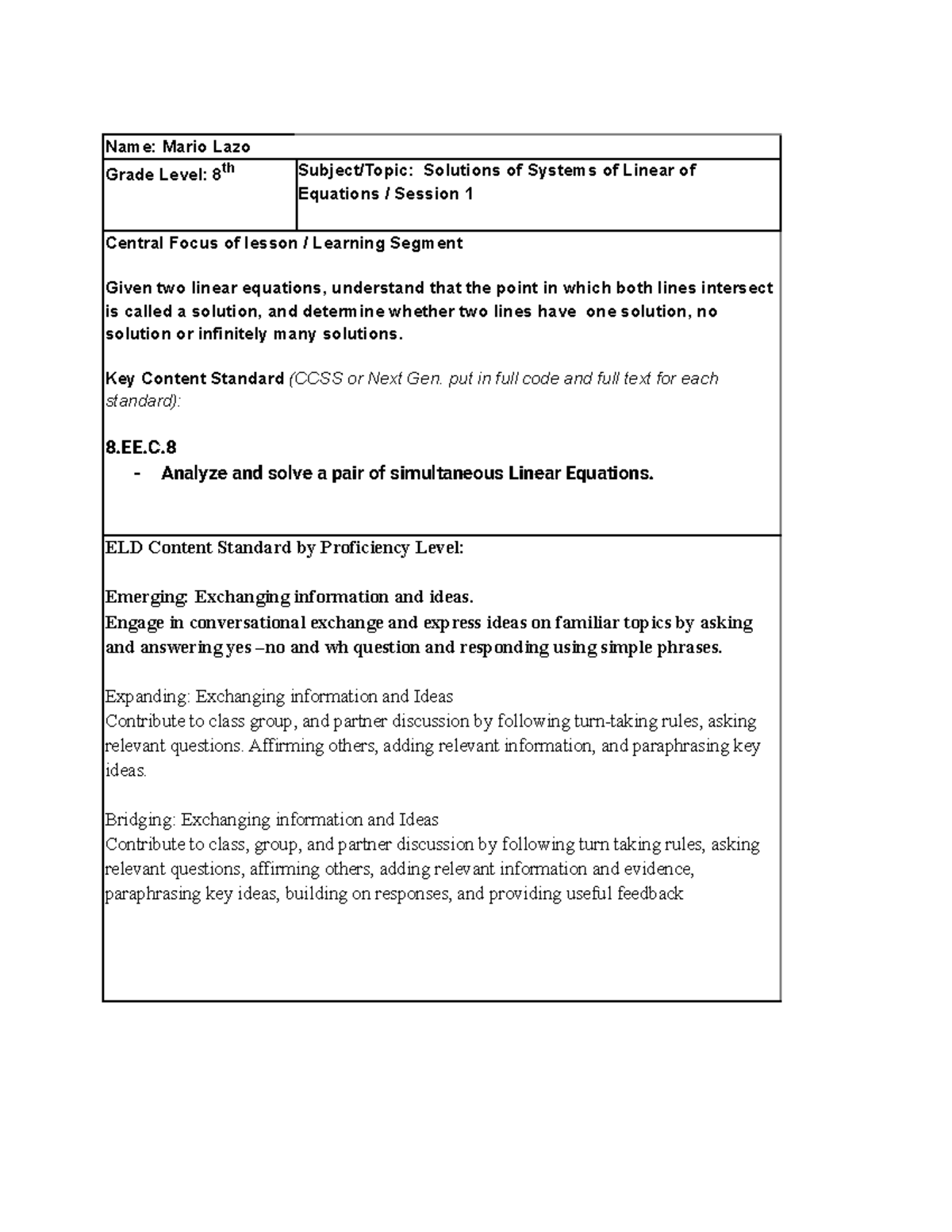 8th Grade Solutions of Systems of Linear Equations: Lesson Plans ...