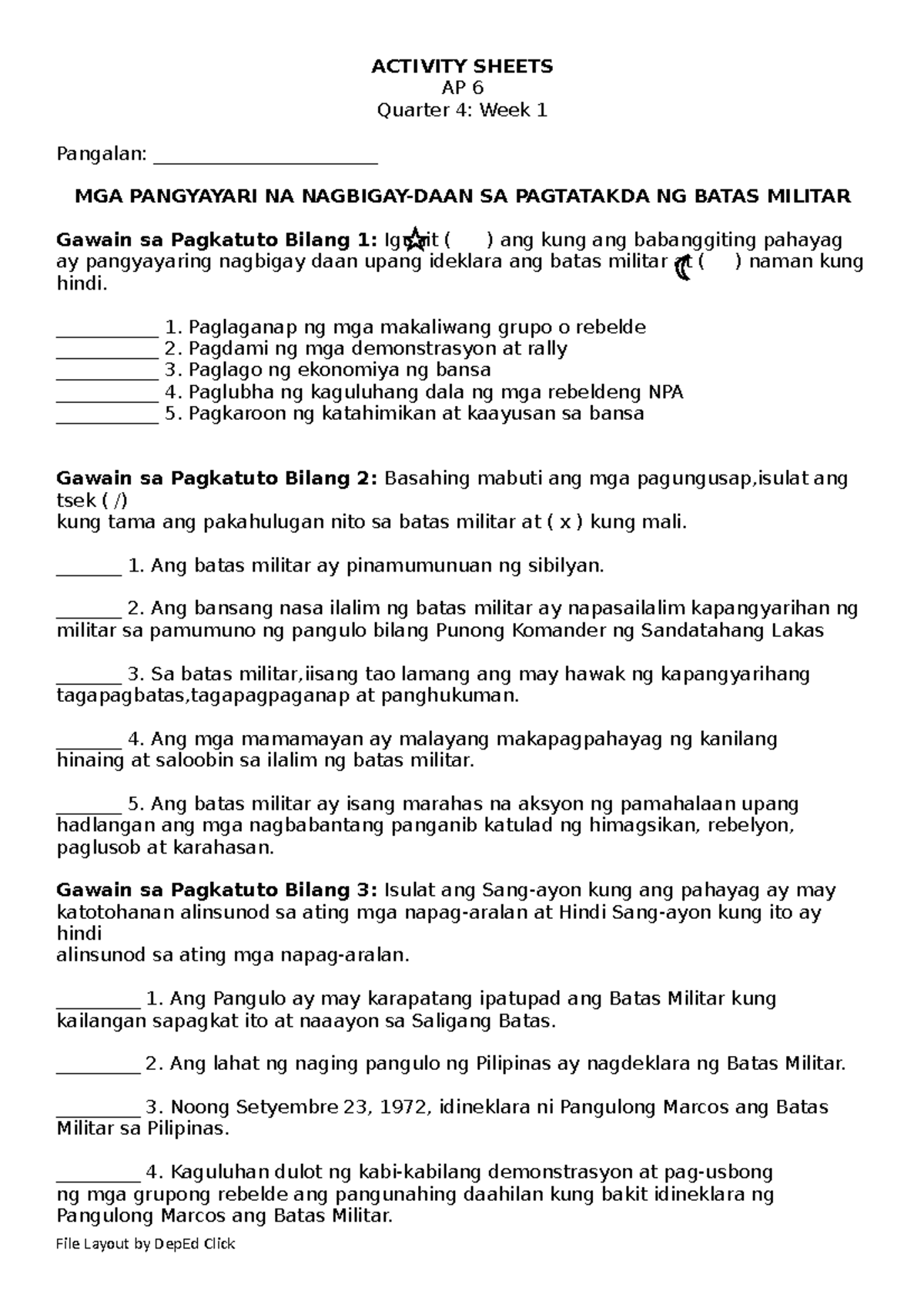 AP 6 Activity Sheet Q4 W1 - ACTIVITY SHEETS AP 6 Quarter 4: Week 1 Pangalan: - Studocu