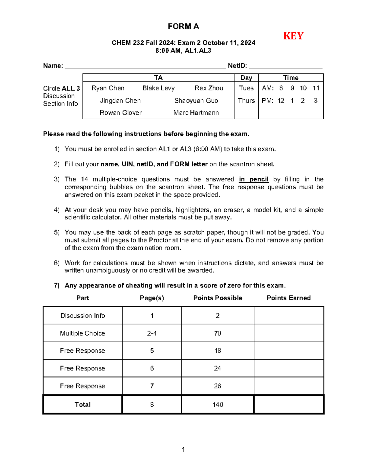 Exam 2 F2024 Form A KEY - key for an exam - FORM A CHEM 232 Fall 2024 : Exam 2 October 11, 2024 ...