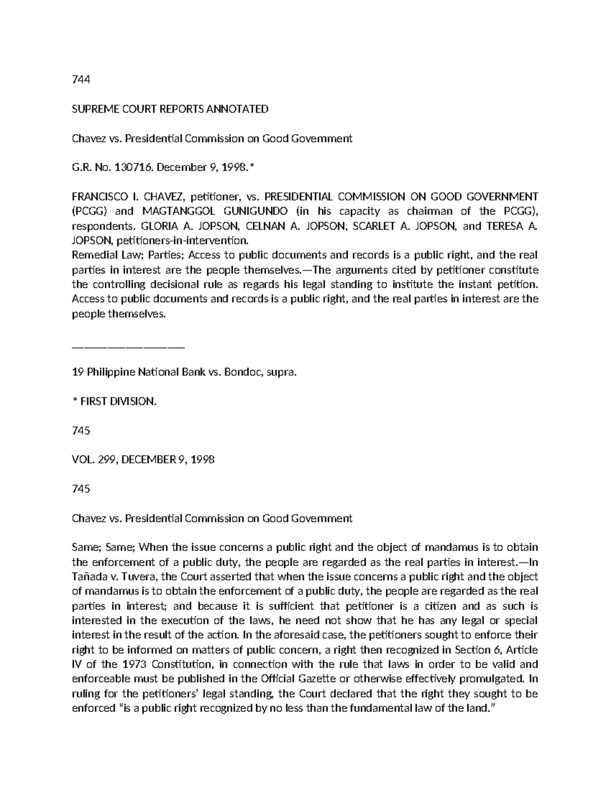 Chavez vs. PCGG, G.R. 130716, December 9, 1998 - 744 SUPREME COURT ...