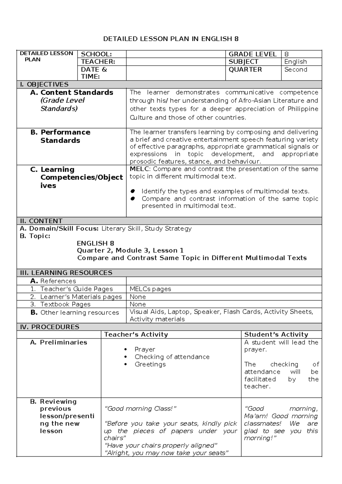Grade 8 English Lesson Plan: Compare & Contrast Multimodal Texts (THE ...