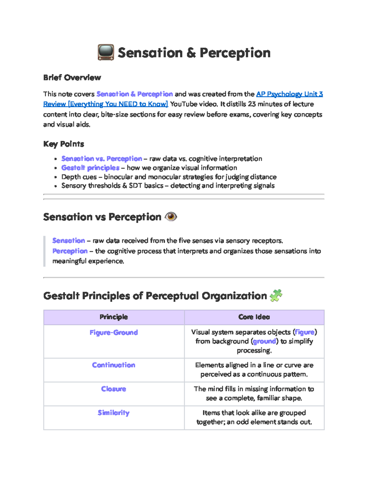 AP Psychology Unit 3: Sensation and Perception Overview - Studocu