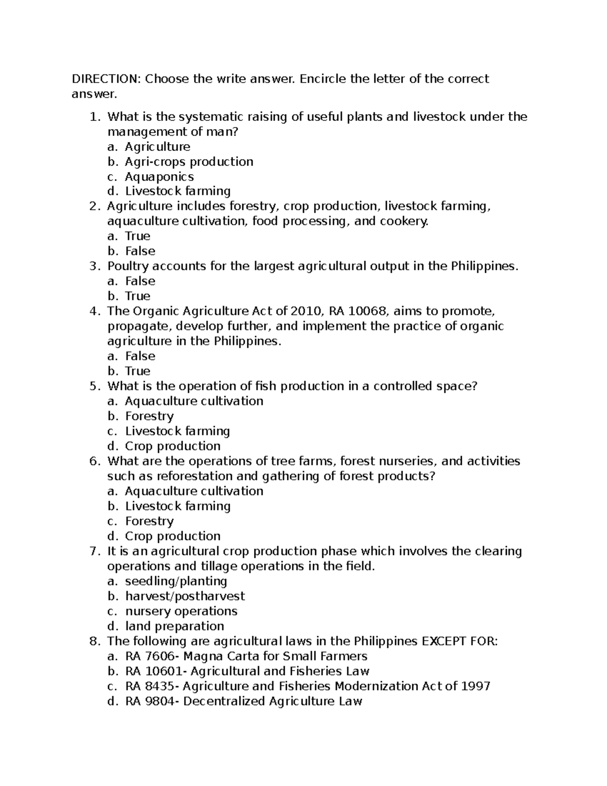UNIT TEST 1 - agriculture materials - DIRECTION: Choose the write ...