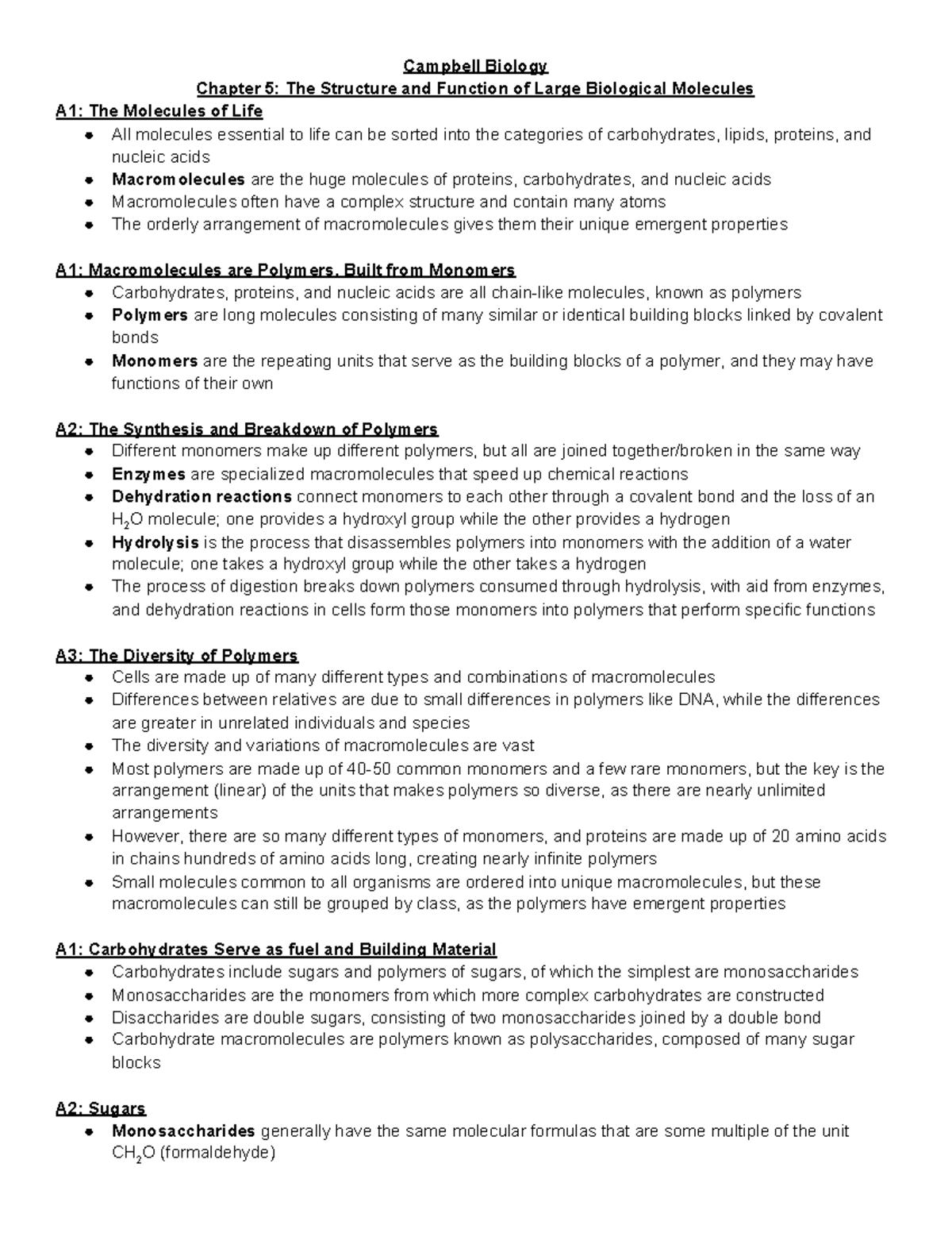 AP Biology Chapter 5: Structure and Function of Macromolecules Notes ...