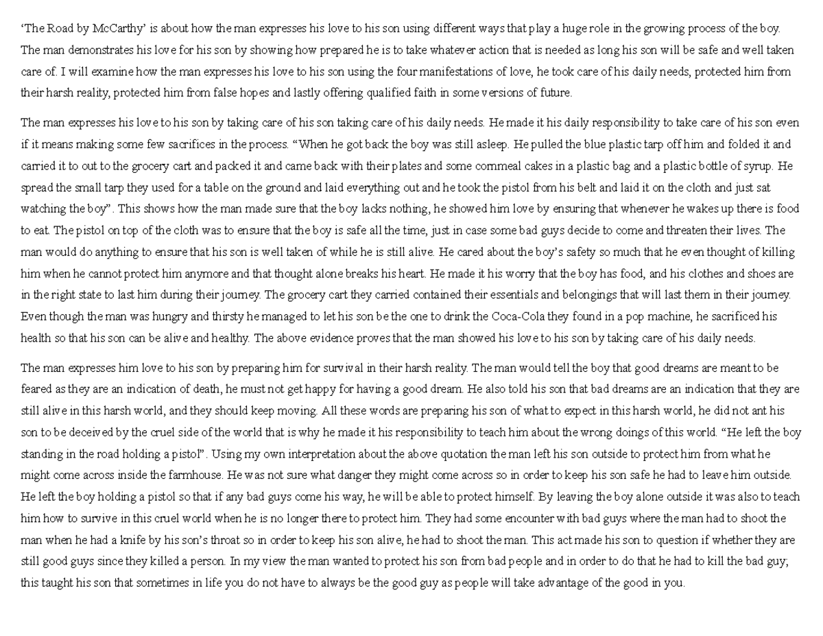 The road essay test - ‘The Road by McCarthy’ is about how the man ...
