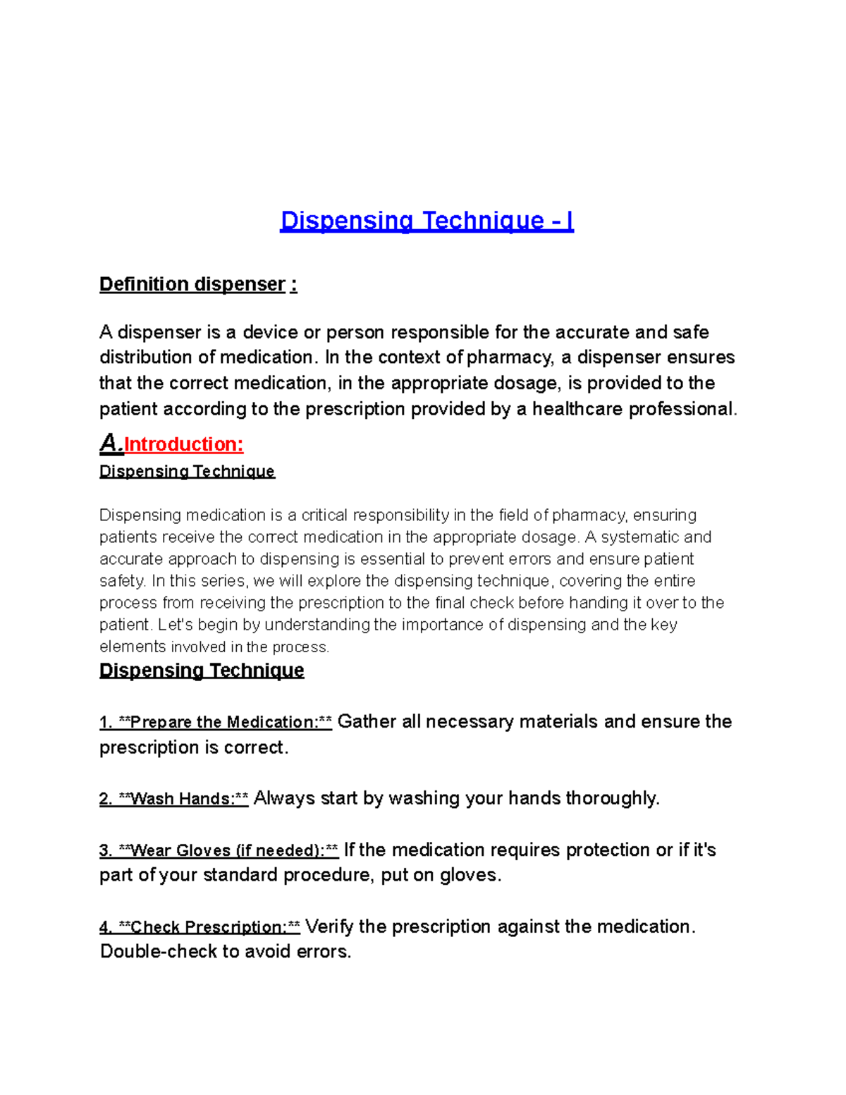 Dispensing Technique I: Essential Notes for Pharmacy Practice - Studocu