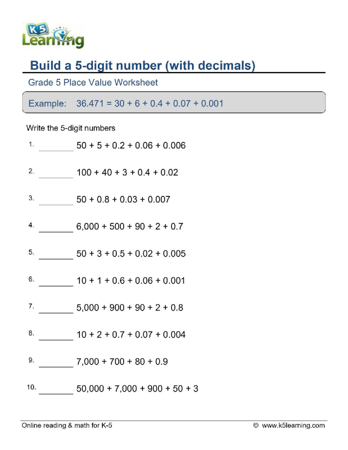 K5 Math: Build a 5-Digit Number with Decimals Worksheet - Studocu