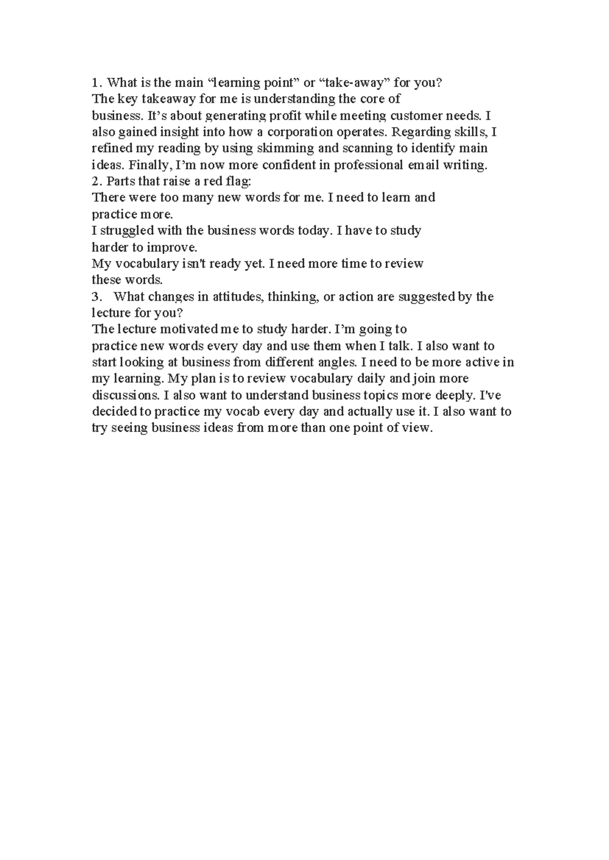 Reflection Notes on Business Insights and Vocabulary Improvement - Studocu