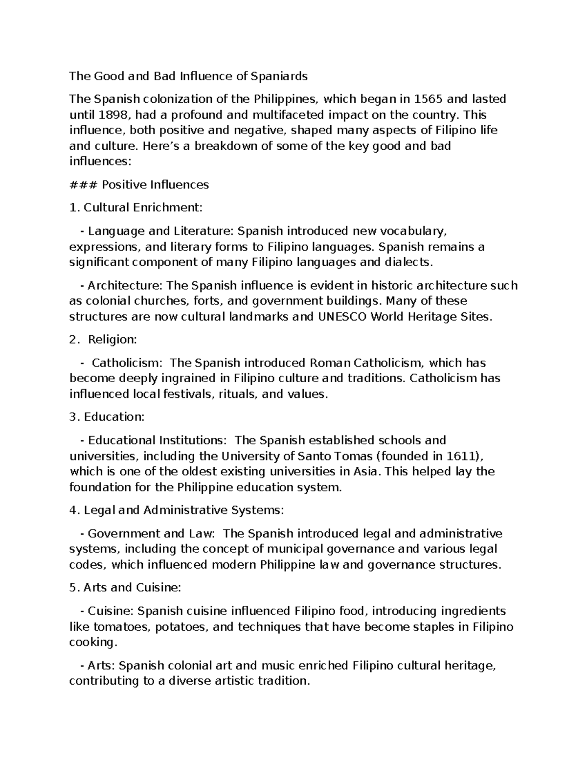 The Good and Bad Influences of Spaniards and Americans in the PH - Studocu