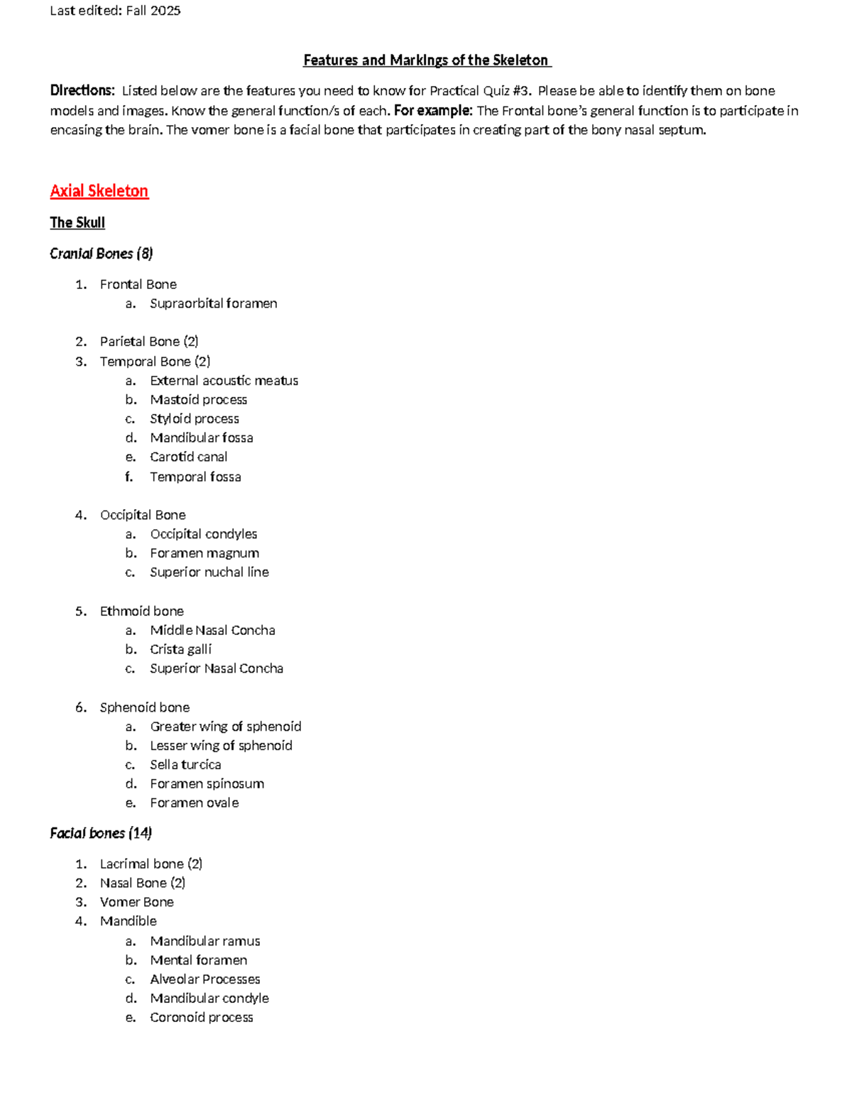 Skeleton Features and Markings Study Guide for Practical Quiz #3 - Studocu