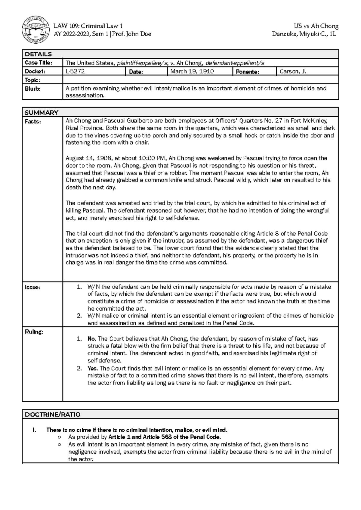 LAW 109: Criminal Case Study on US vs. Ah Chong - Malice & Self-Defense ...