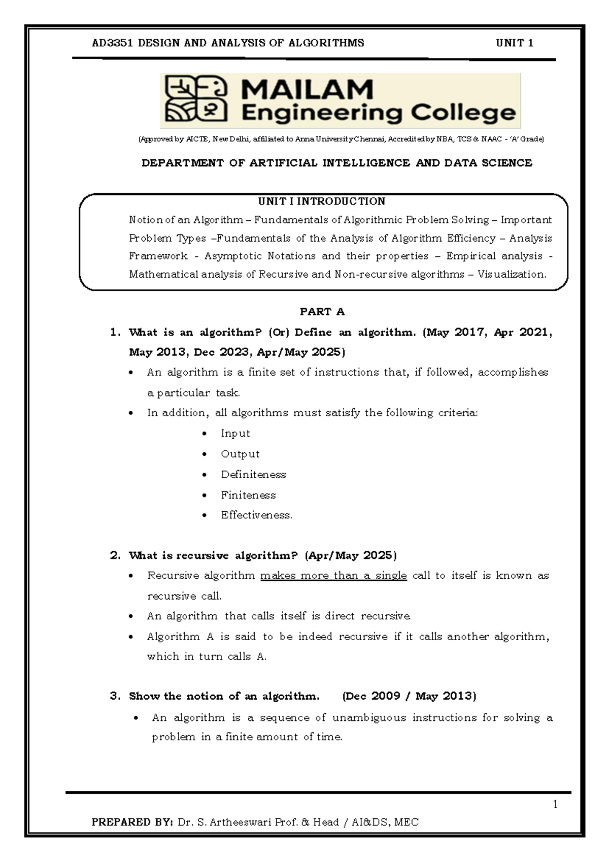 AD3351 DESIGN AND ANALYSIS OF ALGORITHMS UNIT 1 FINAL EXAM NOTES - Studocu