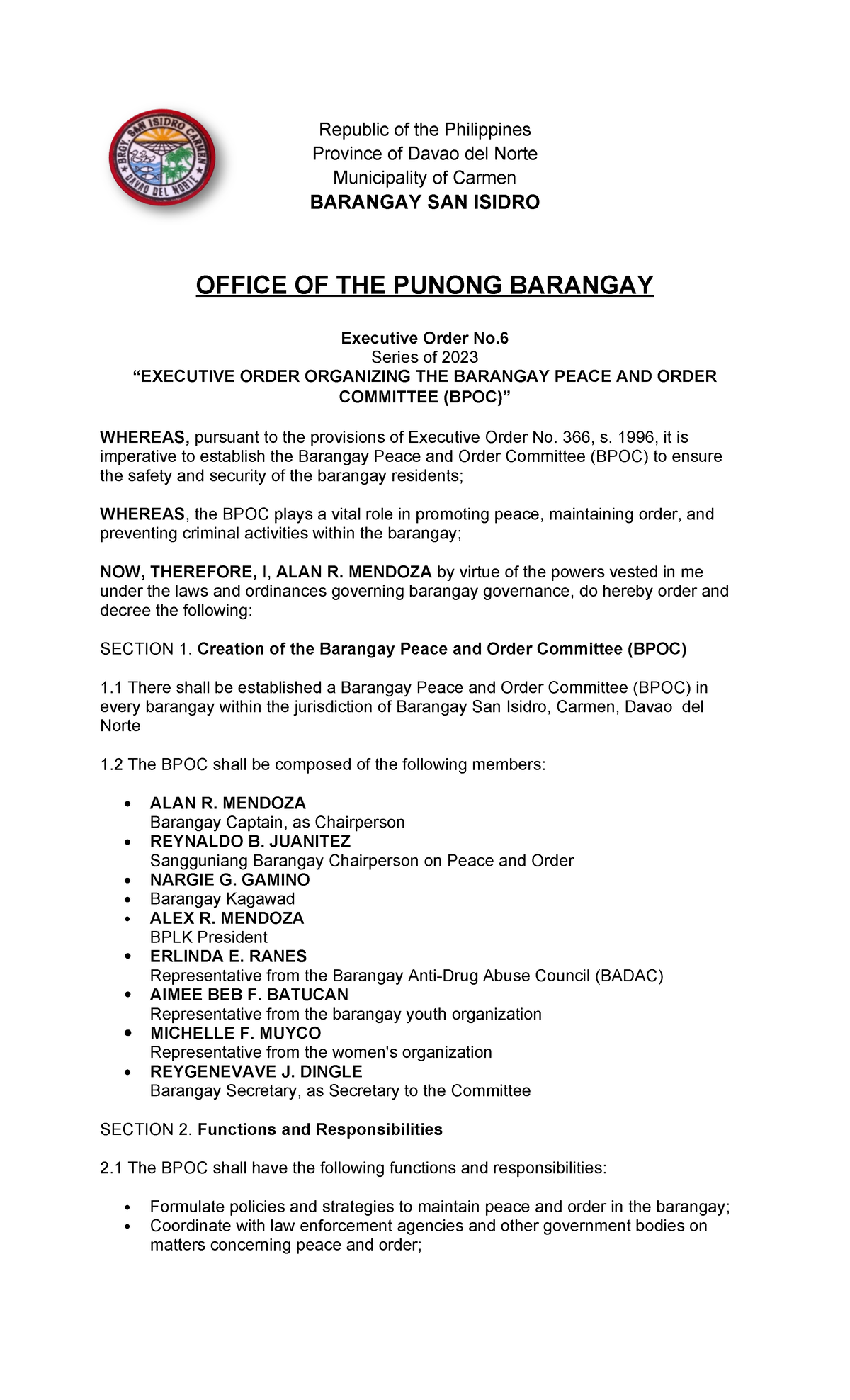 Executive order No 6 ORG. BPOC - Republic of the Philippines Province ...