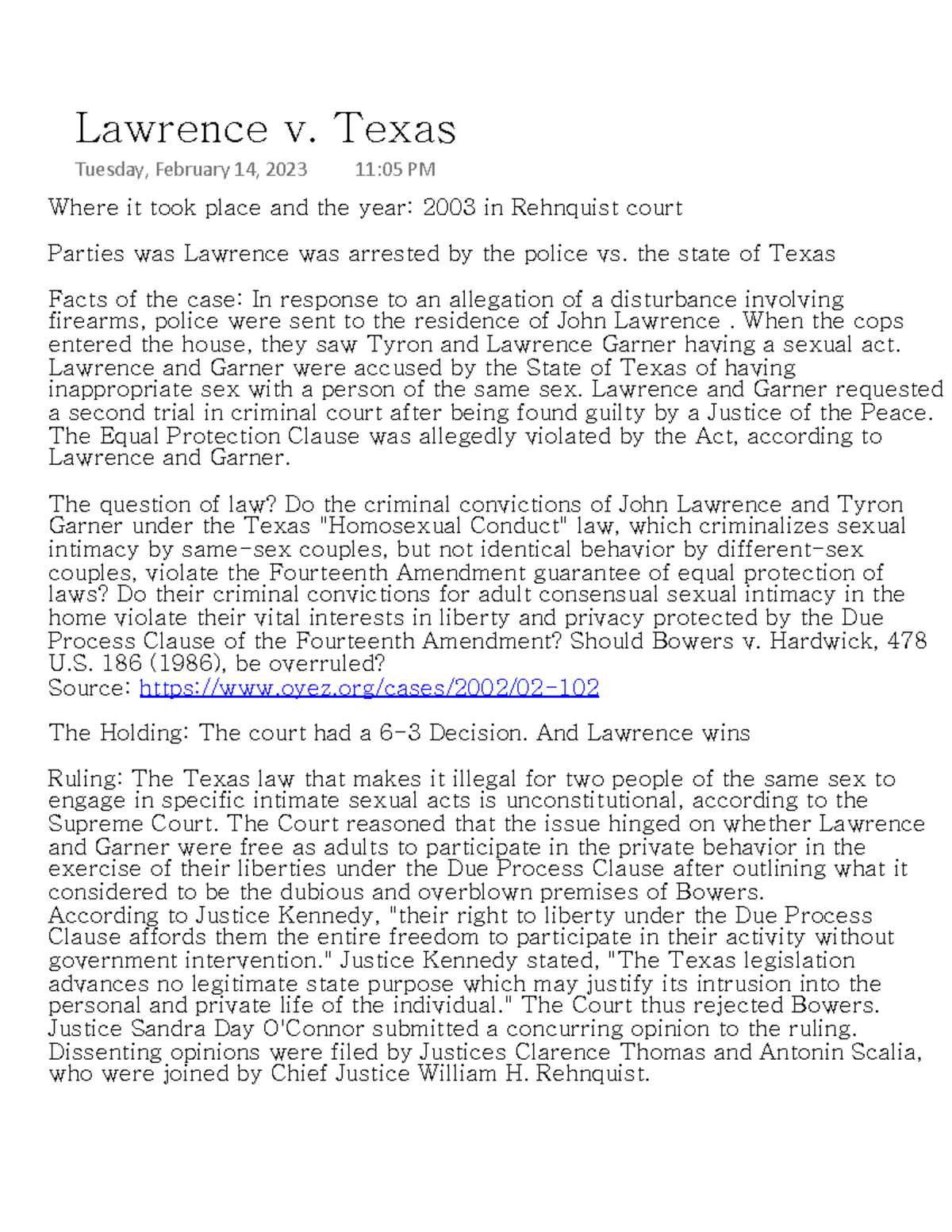 Lawrence v. Texas: Case Brief & Key Notes on 2003 Ruling - Studocu