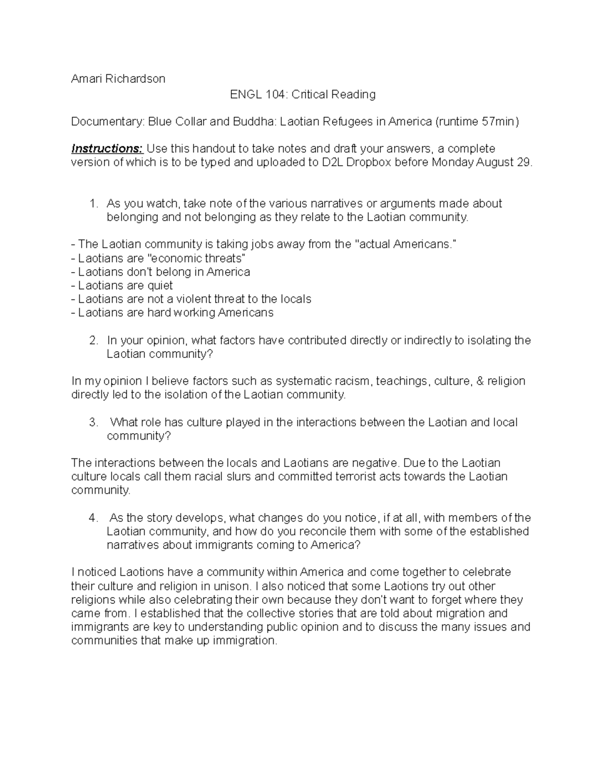 ENGL 104 Critical Reading - Amari Richardson ENGL 104: Critical Reading ...