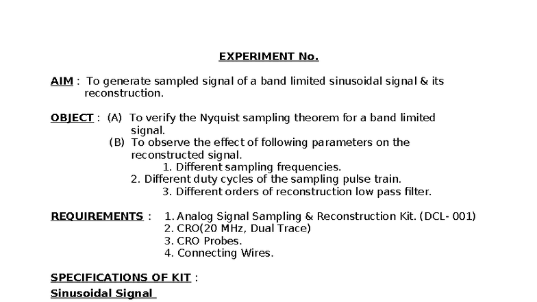 Experiment 01: Sampling and Reconstruction of Band-Limited Signals ...