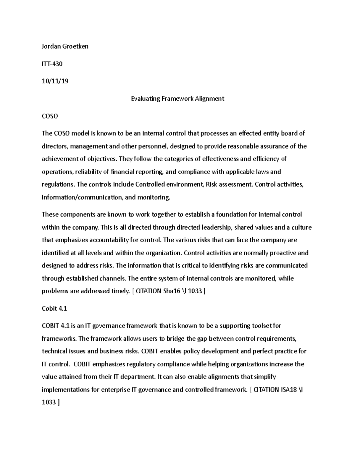 ITT-10/11: Analysis of Internal Control Frameworks and Alignment - Studocu