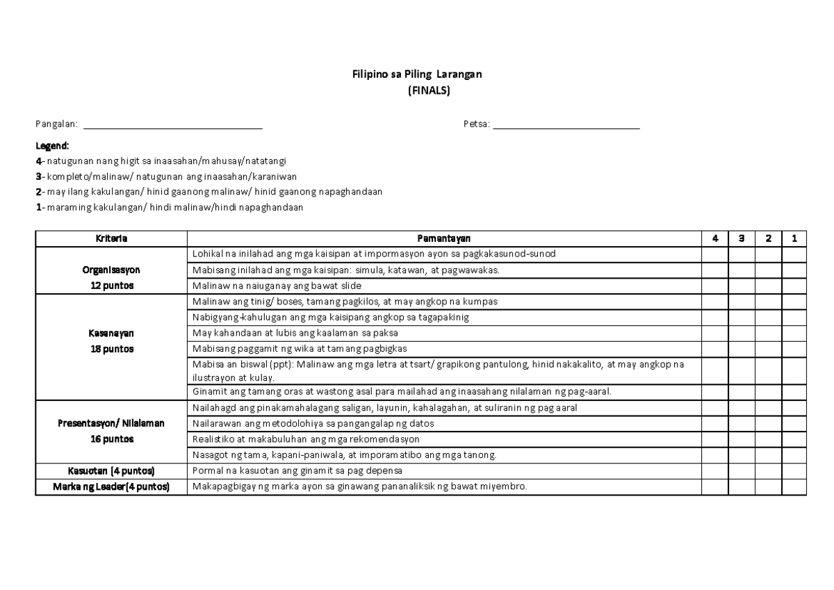 Rubrics for FINAL Exam - Oral Defense (Filipino sa Piling Larangan ...