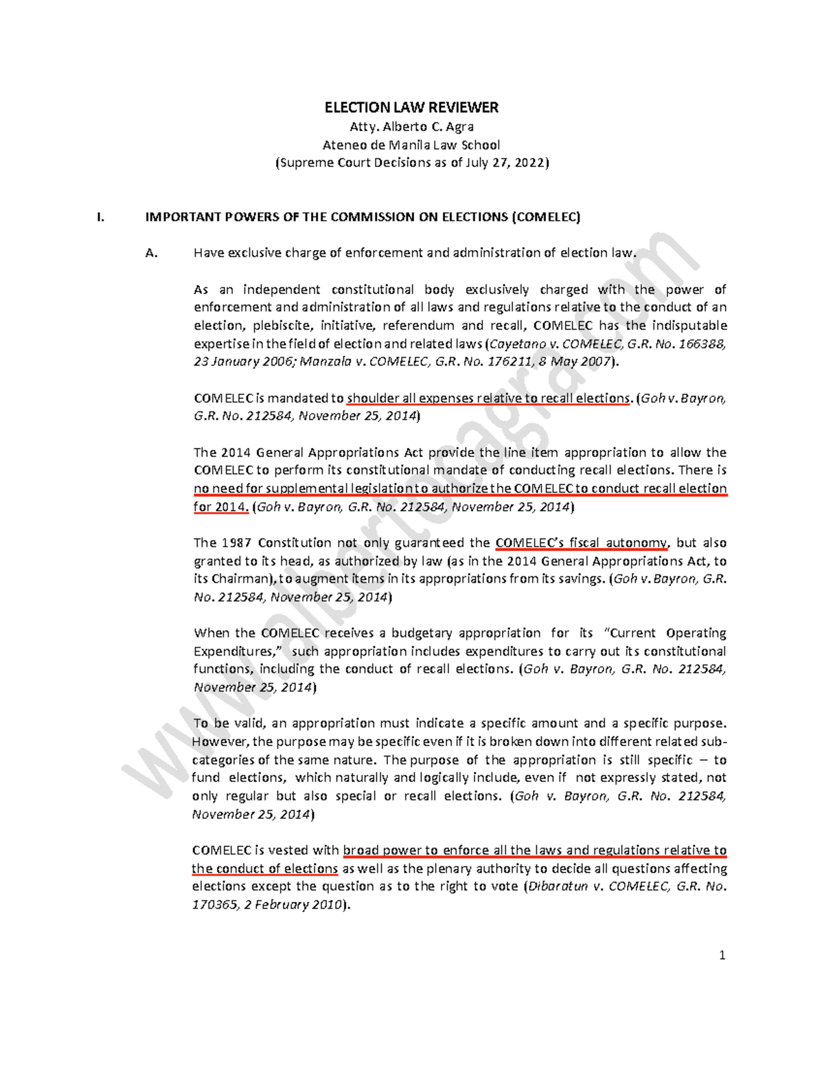 Agra Election Law Reviewer (COMELEC Powers & Supreme Court Decisions ...