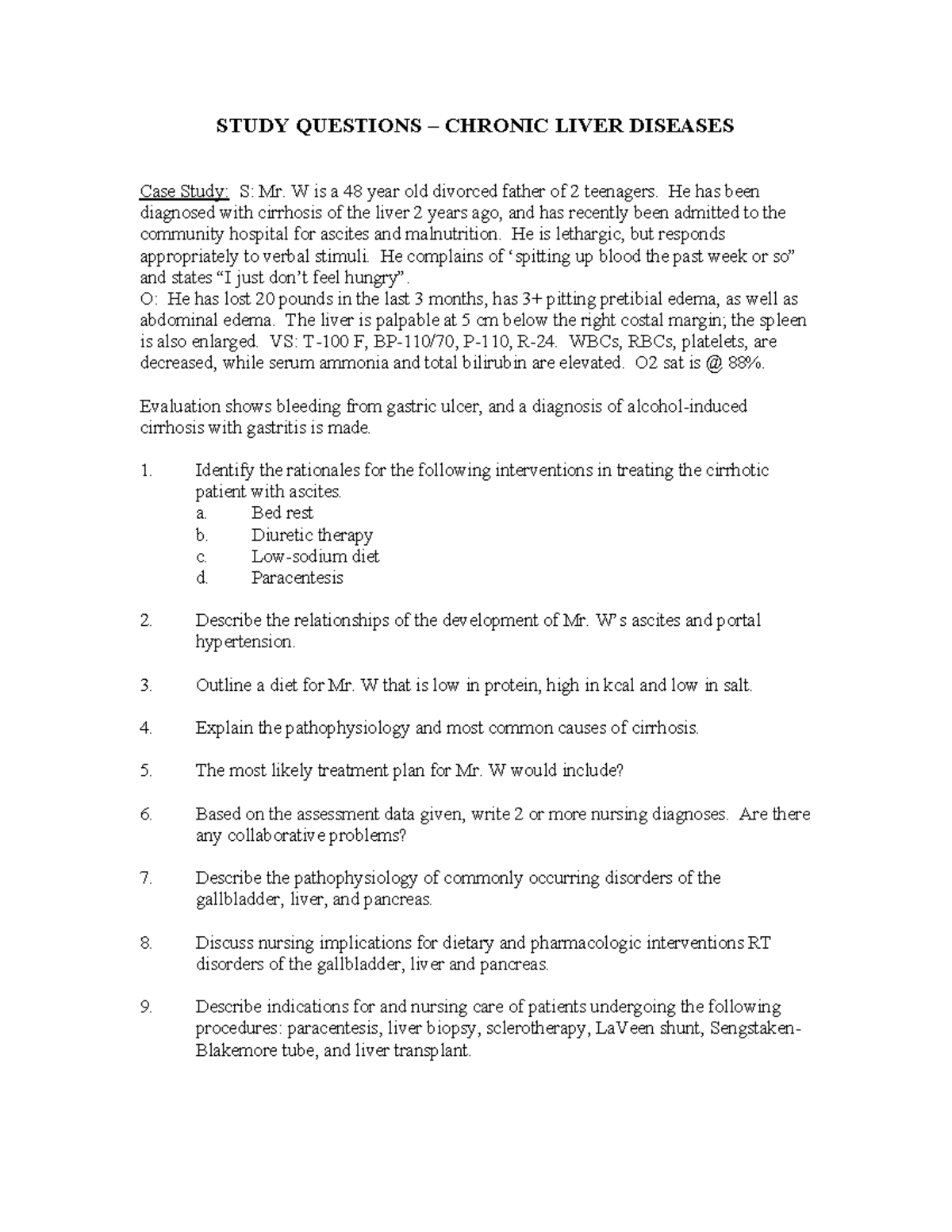 Case Study: Chronic Liver Disease - Interventions and Nursing ...
