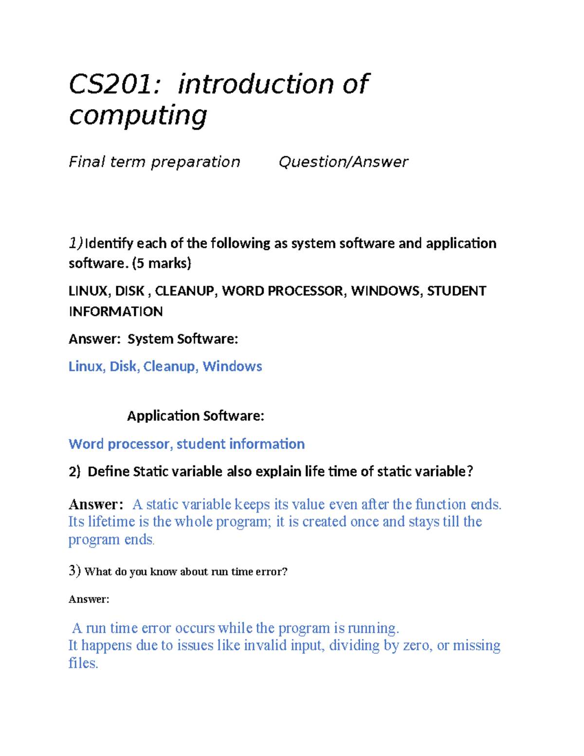 CS201: Important Past Paper Questions for Final Exam Preparation - Studocu