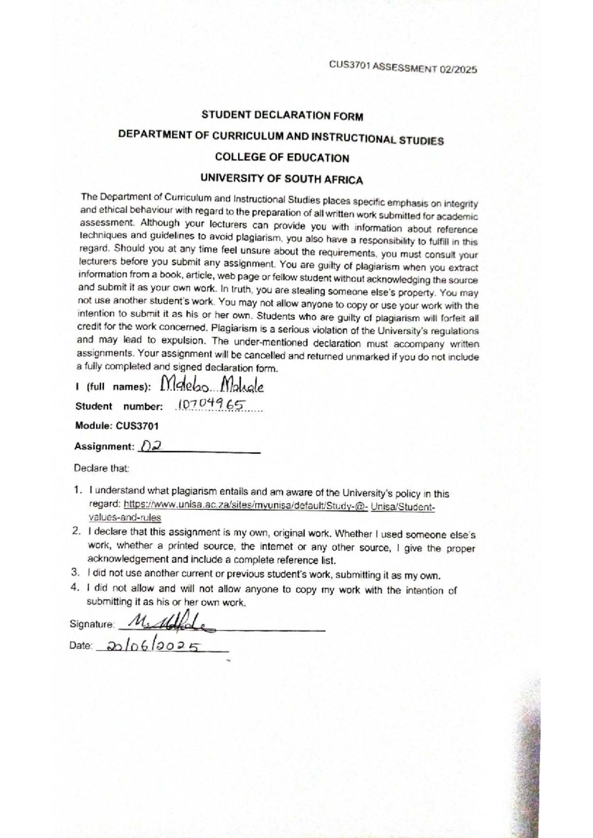 CUS3701 ASSIGNMENT 2: Plagiarism Declaration & Curriculum Insights ...