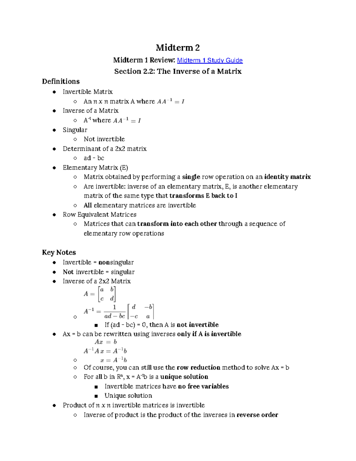 Midterm 2 Study Guide: Inverse Matrices and Determinants - Studocu