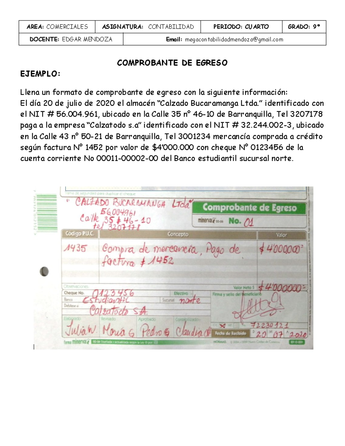 Comprobante DE Egreso - ejemplo - AREA: COMERCIALES ASIGNATURA ...