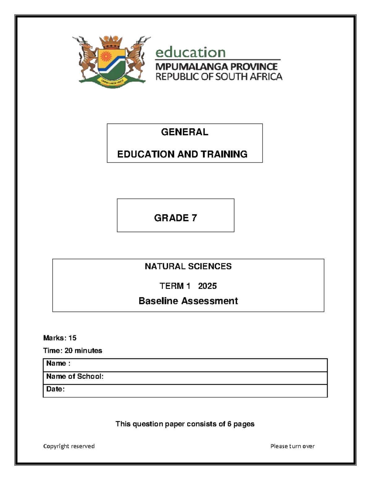 2025 GRADE 7 NATURAL SCIENCES BASELINE ASSESSMENT FINAL - Studocu