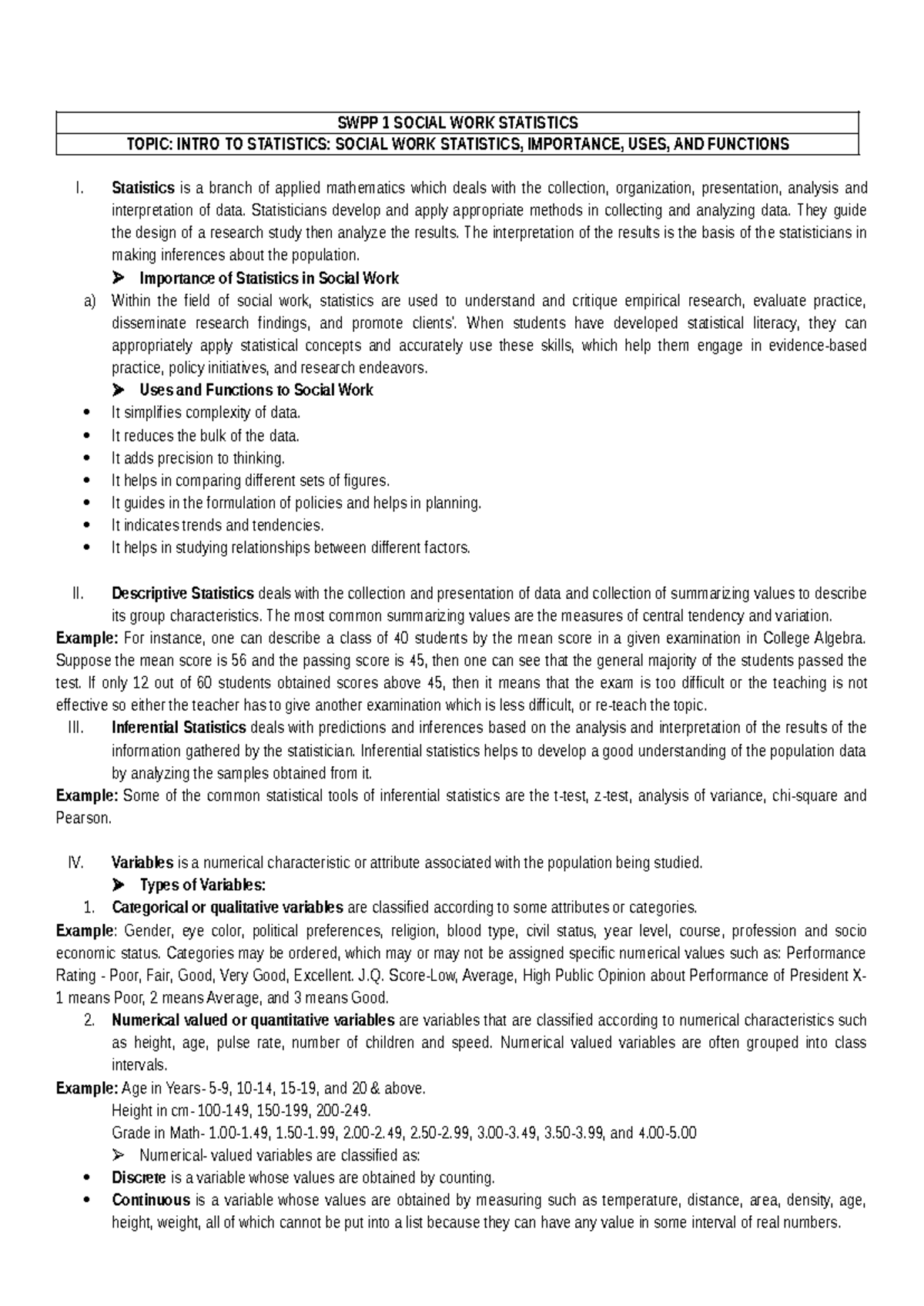 SWPP 1 Statistics Group 1 - SWPP 1 SOCIAL WORK STATISTICS TOPIC: INTRO ...