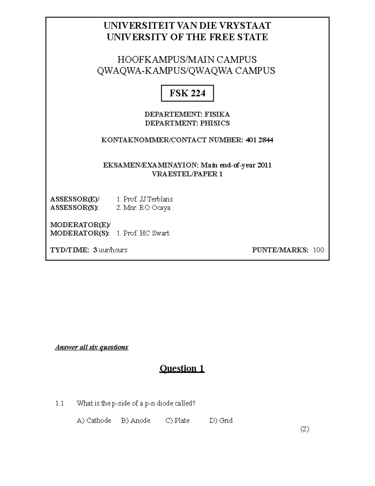 FSK 224 Past Paper 2011: Physics Exam Questions and Solutions - Studocu