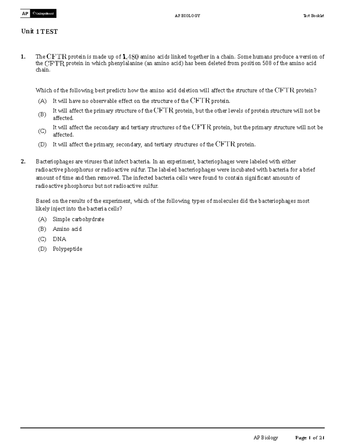 AP BIOLOGY Unit 1 TEST Review and Practice Questions - Studocu